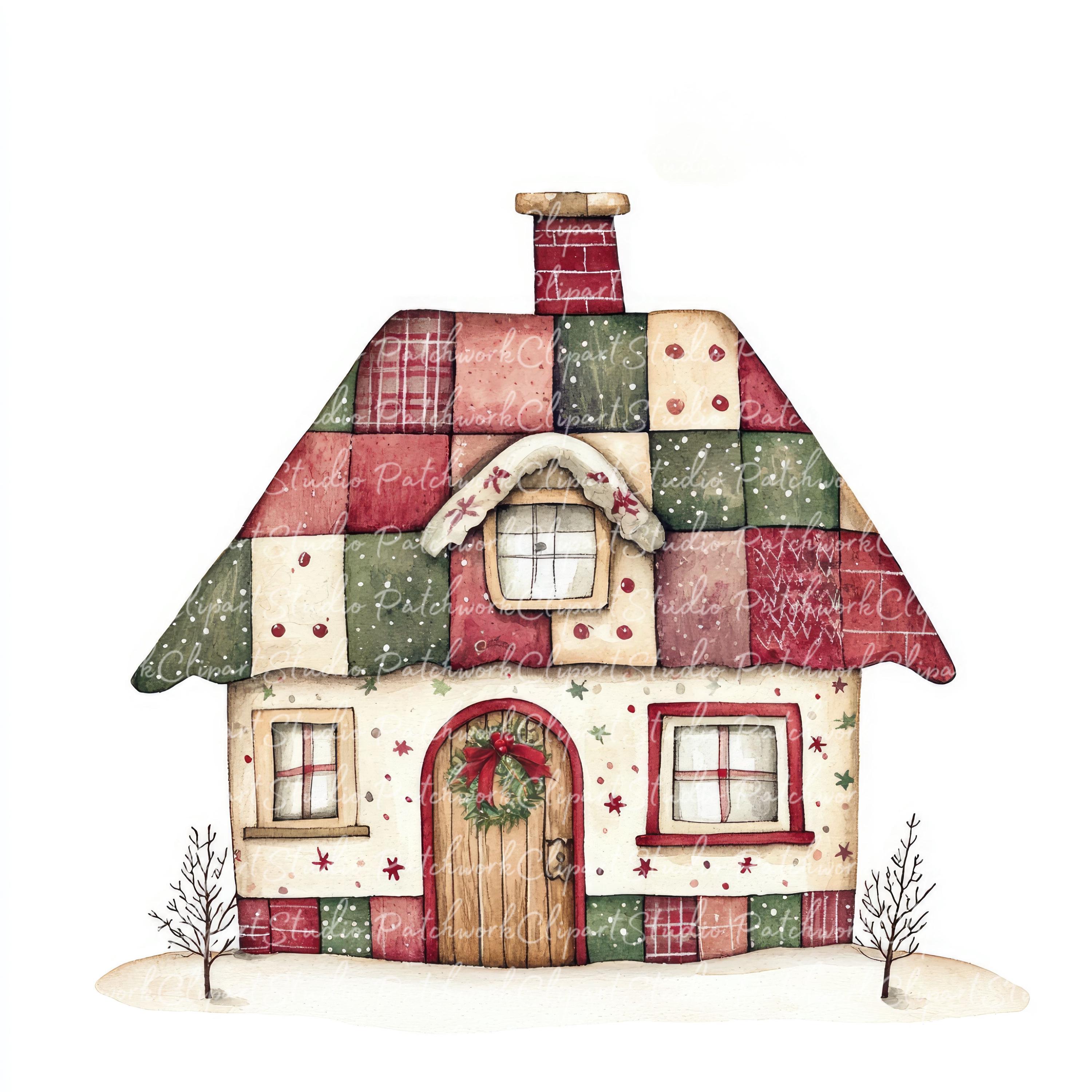 10 Christmas House Clipart Bundle, PNG & JPG, Printable Patchwork, Xmas ...