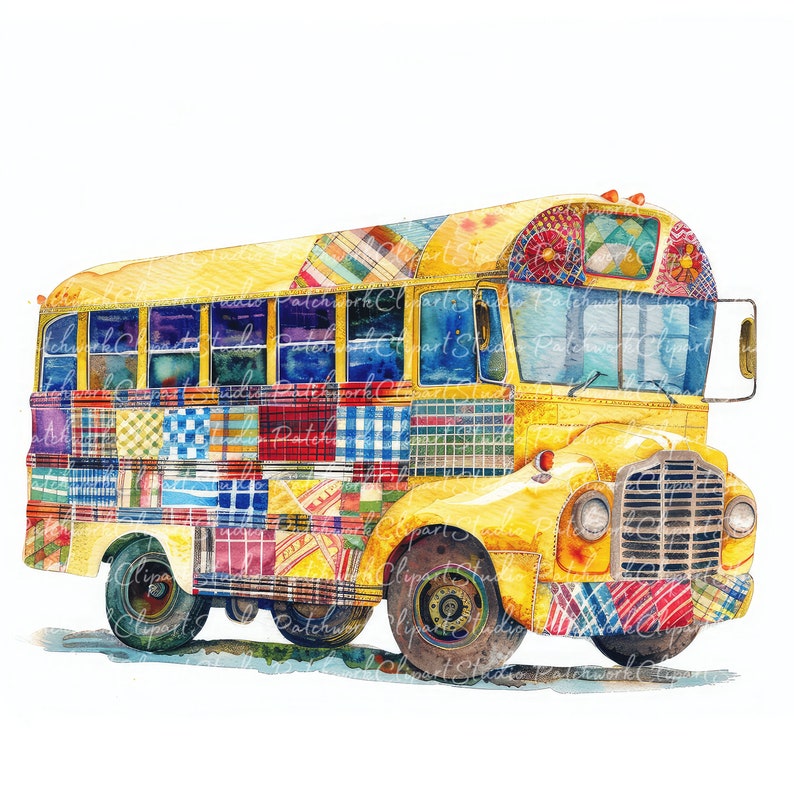 10 Yellow School Bus Clipart Bundle, PNG & JPG, Printable Patchwork ...