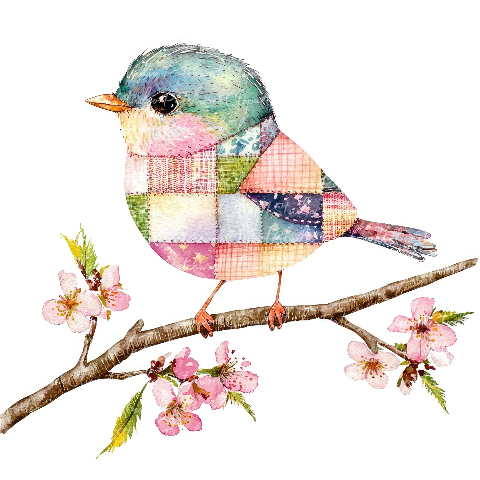 10 Spring Bird Clipart Bundle, PNG & JPG, Printable Patchwork Bird ...