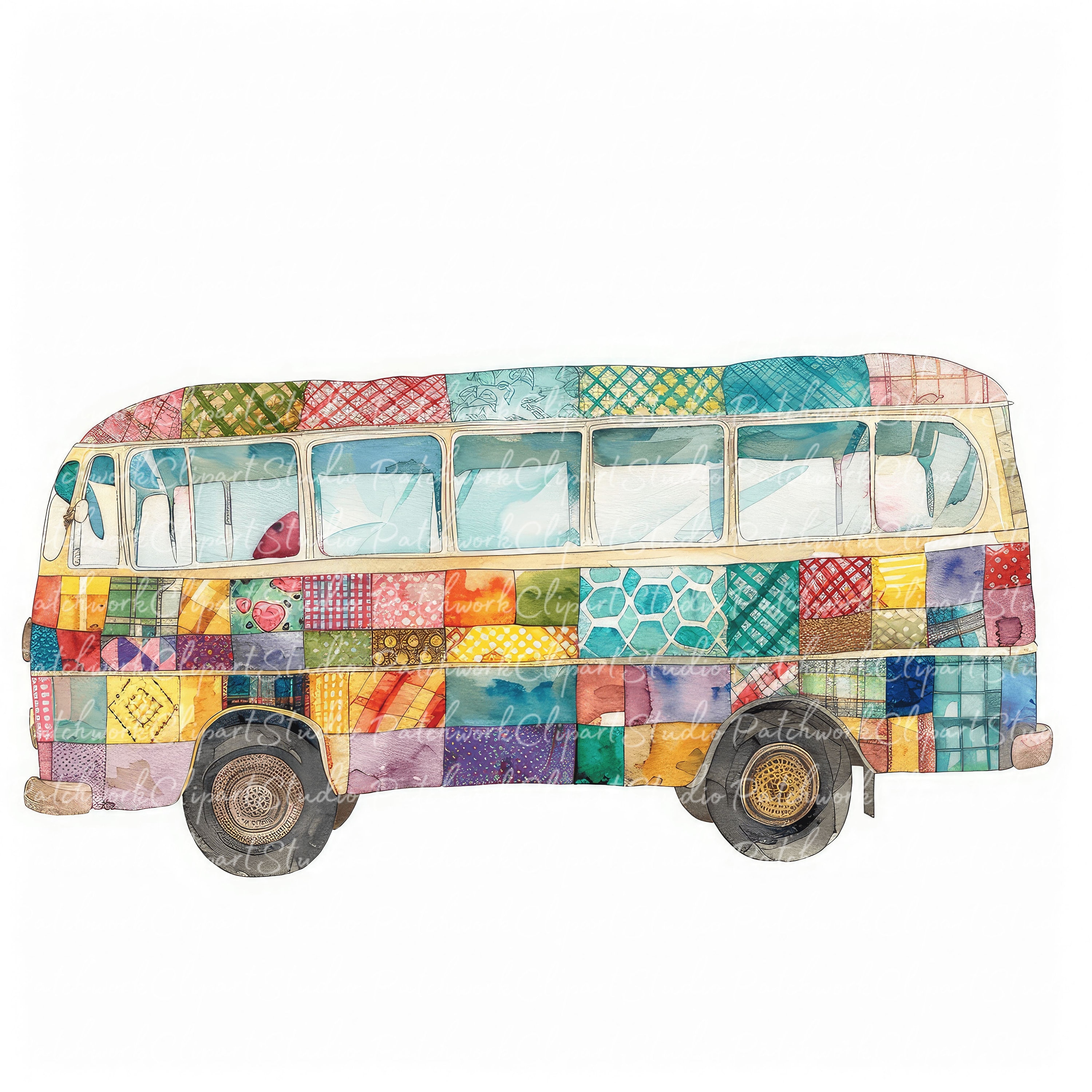 10 Buses Clipart Bundle, Printable Patchwork Bus, Quilted Fabric ...