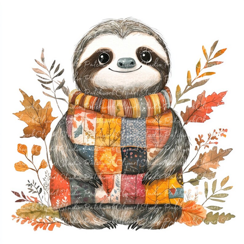10 Autumn Sloth Clipart Bundle, PNG & JPG, Printable Patchwork, Sloth ...