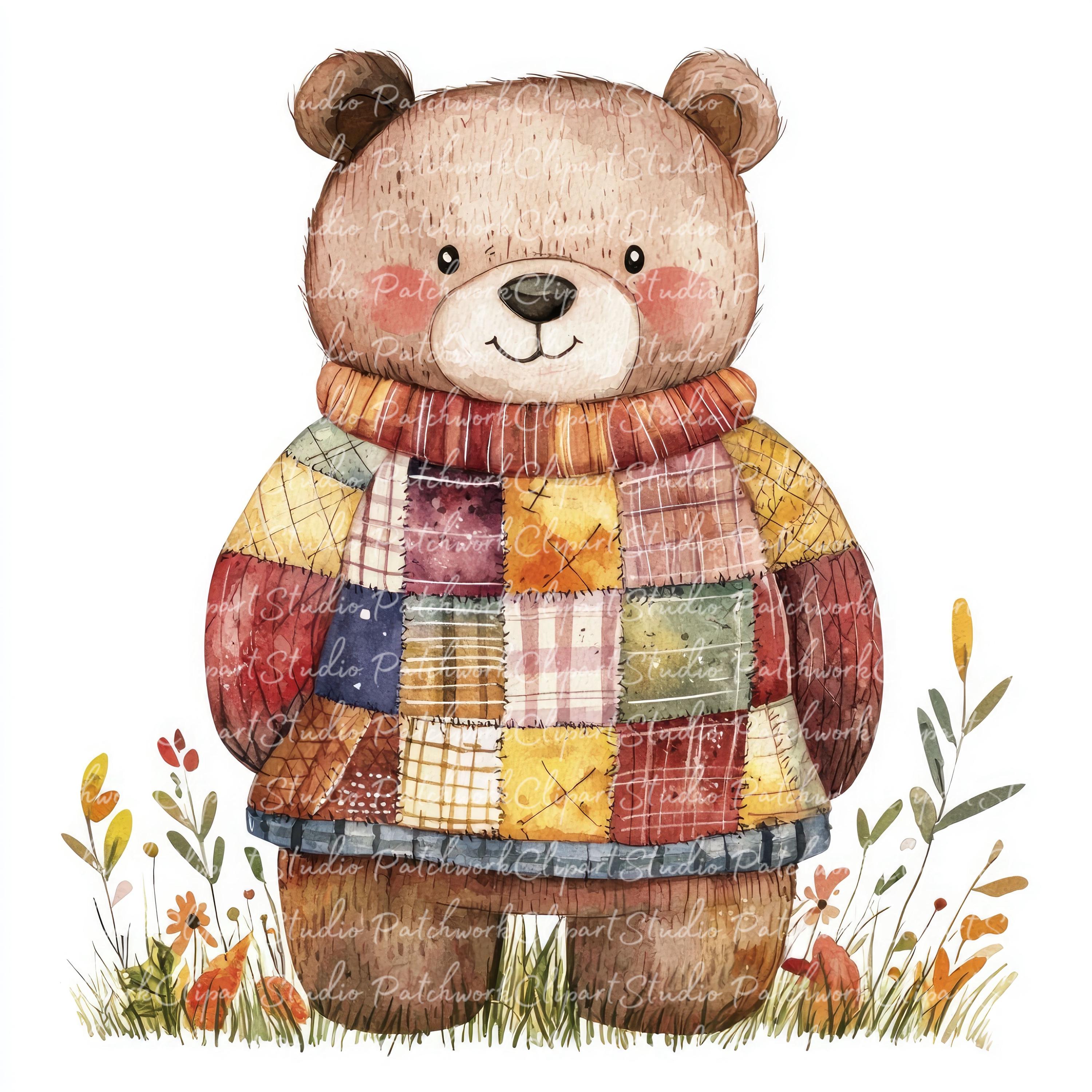 10 Autumn Bear Clipart Bundle, PNG & JPG, Printable Patchwork, Bear in ...