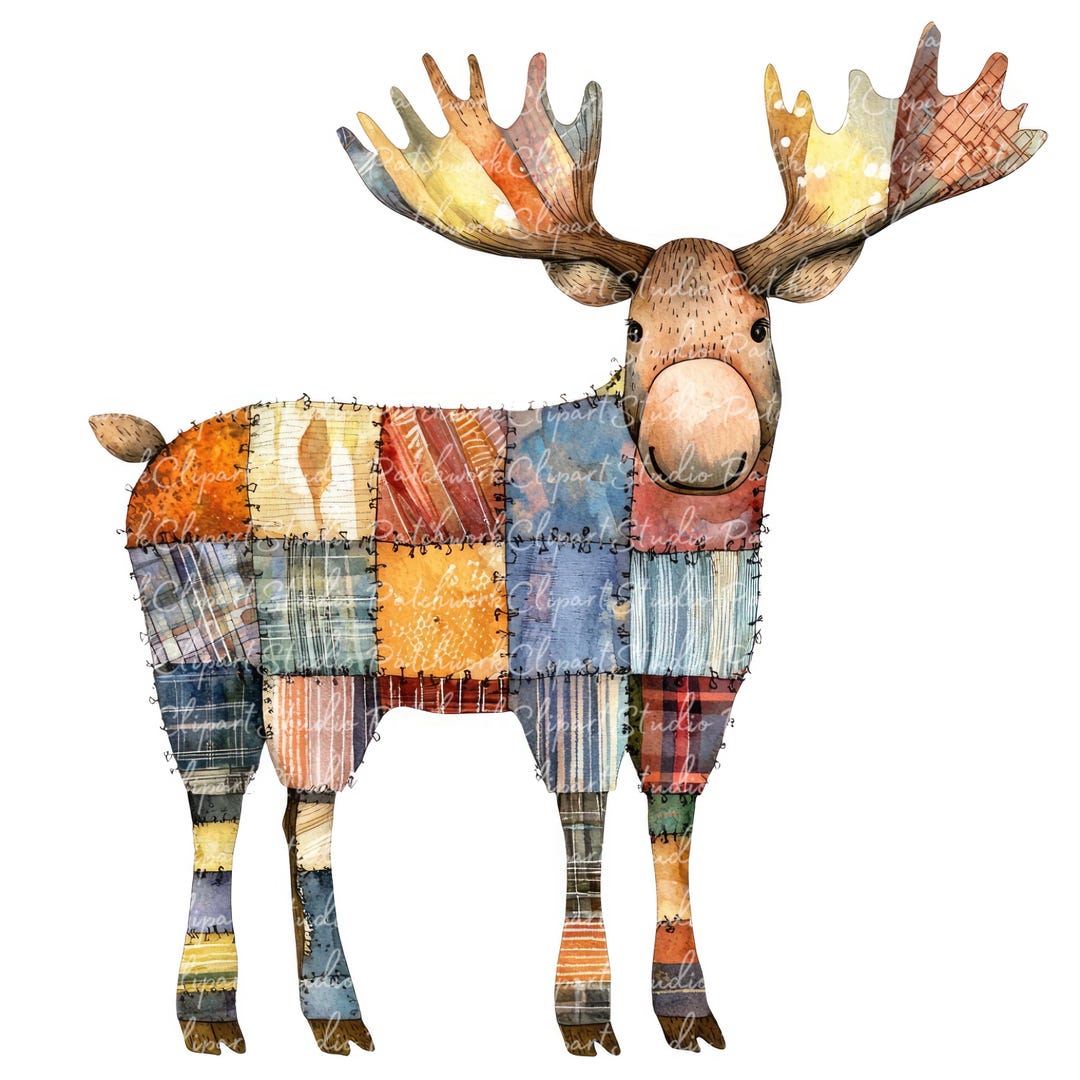 10 Moose Clipart Bundle, PNG & JPG, Printable Patchwork Moose ...