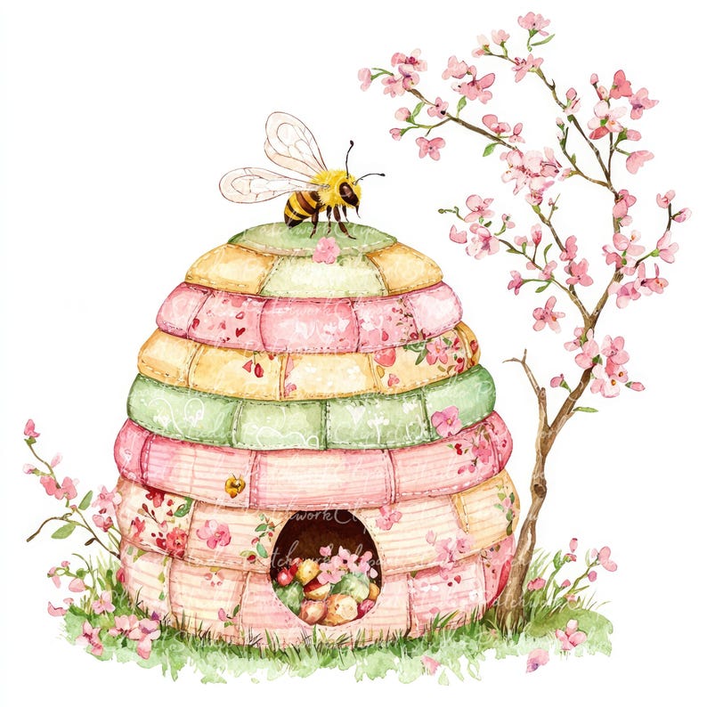 16 Spring Beehive Clipart Bundle, PNG & JPG, Printable Patchwork, Bee ...
