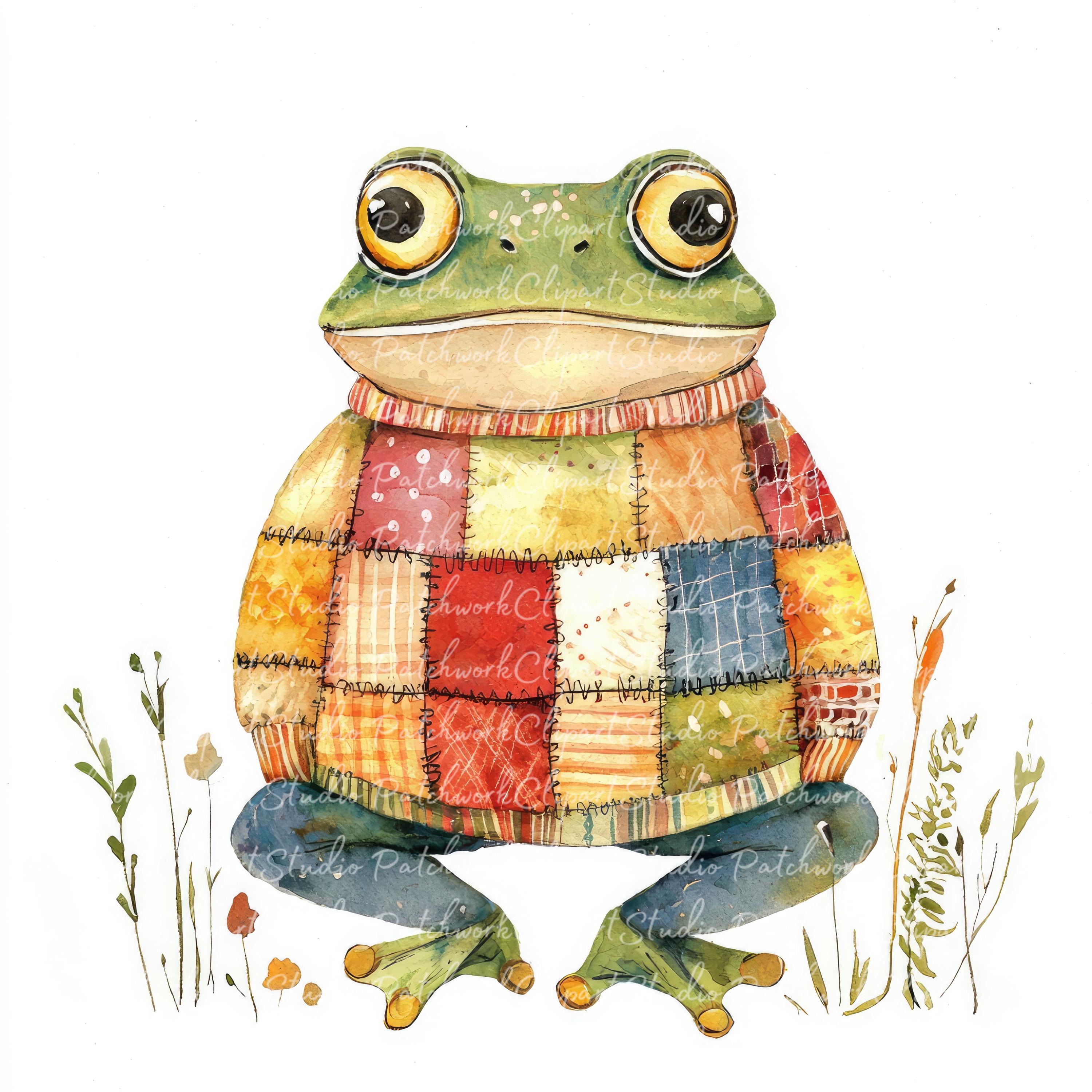 10 Autumn Frog Clipart Bundle, PNG & JPG, Printable Patchwork, Frog in ...