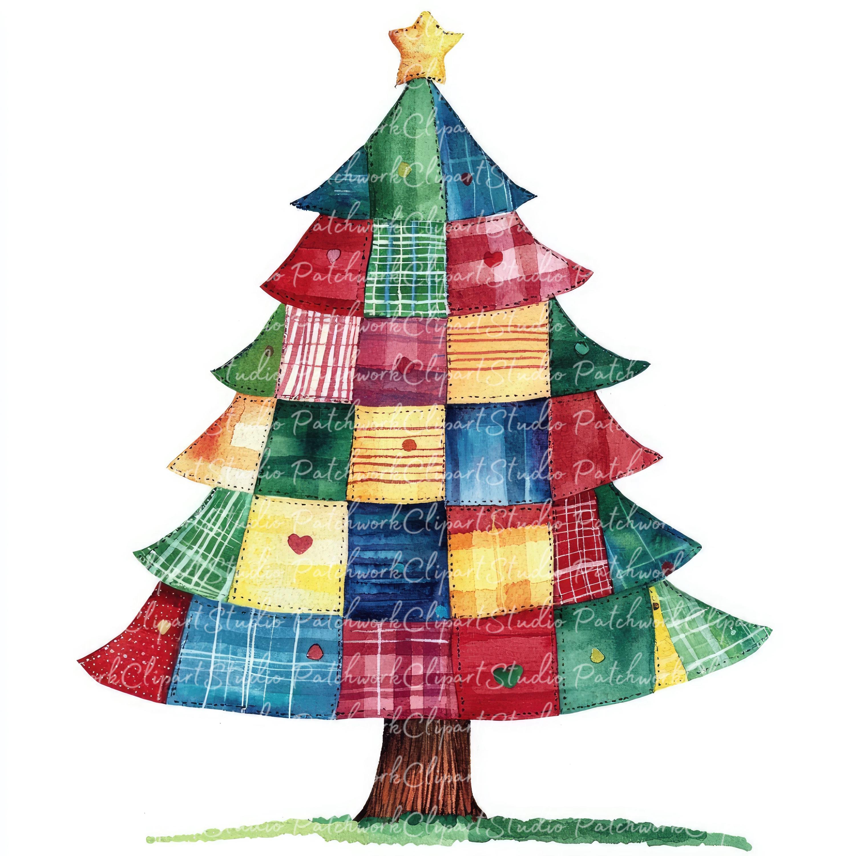 10 Patchwork Christmas Tree Clipart Bundle, PNG & JPG, Printable ...