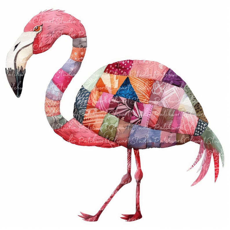 10 Flamingos Clipart Bundle, Printable Patchwork Flamingo, Quilted Fabric Illustrations, Digital ...