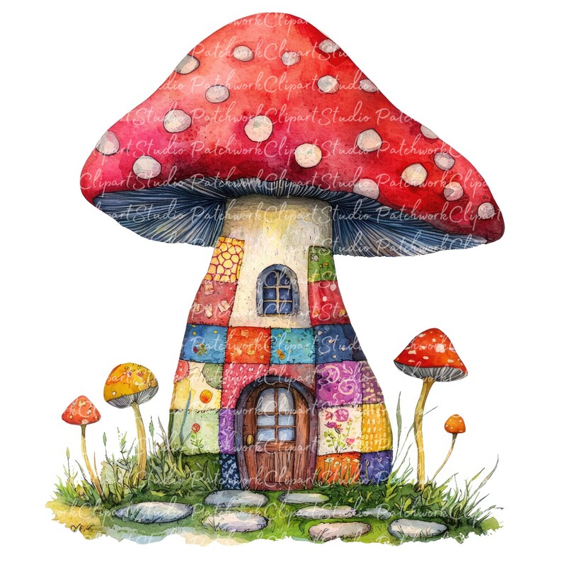 10 Mushroom House Clipart Bundle, PNG & JPG, Printable Patchwork ...