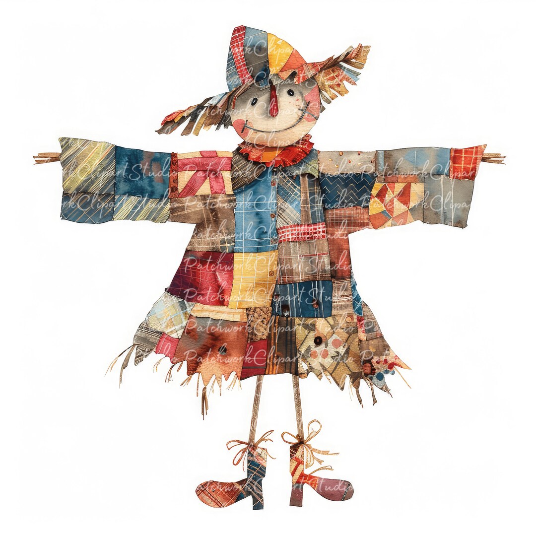 10 Scarecrows Clipart Bundle, JPG & PNG, Printable Patchwork Scarecrow ...