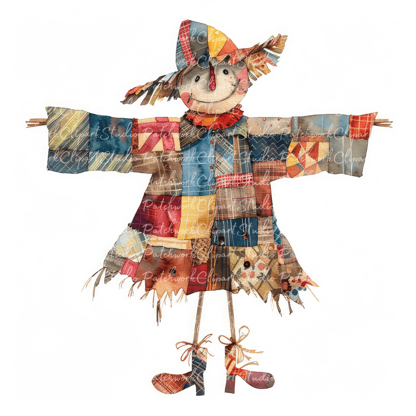 10 Scarecrows Clipart Bundle, PNG & JPG, Printable Patchwork Scarecrow ...