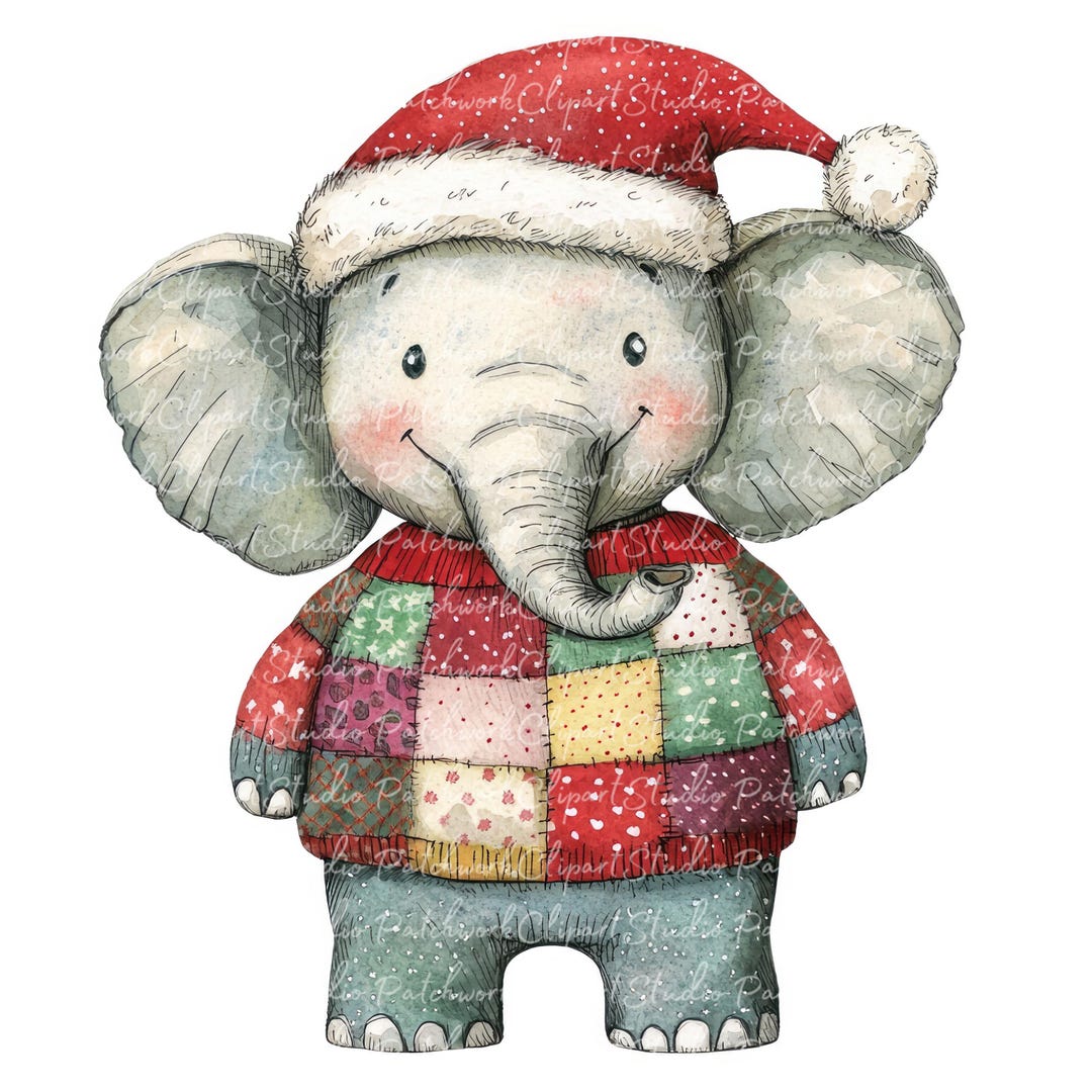 10 Christmas Elephant Clipart Bundle, PNG & JPG, Printable Patchwork ...