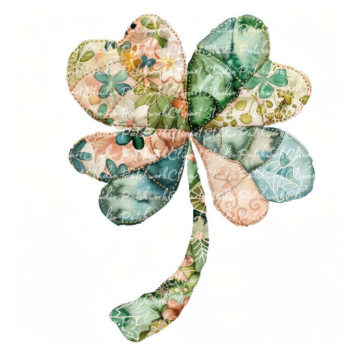 10 Clovers Clipart Bundle, PNG & JPG, Printable Patchwork Green Clover ...