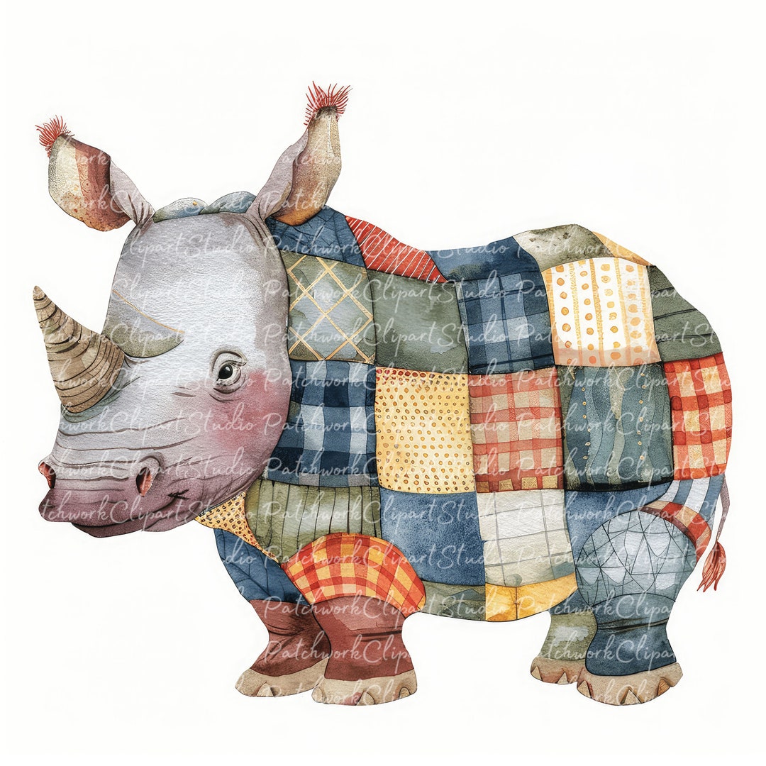 10 Rhinos Clipart Bundle, Printable Patchwork Rhinoceros, Quilted ...