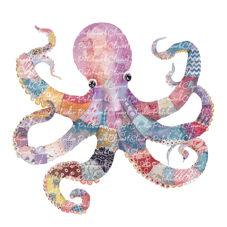 10 Octopus Clipart Bundle, Printable Patchwork Octopus, Quilted Fabric ...