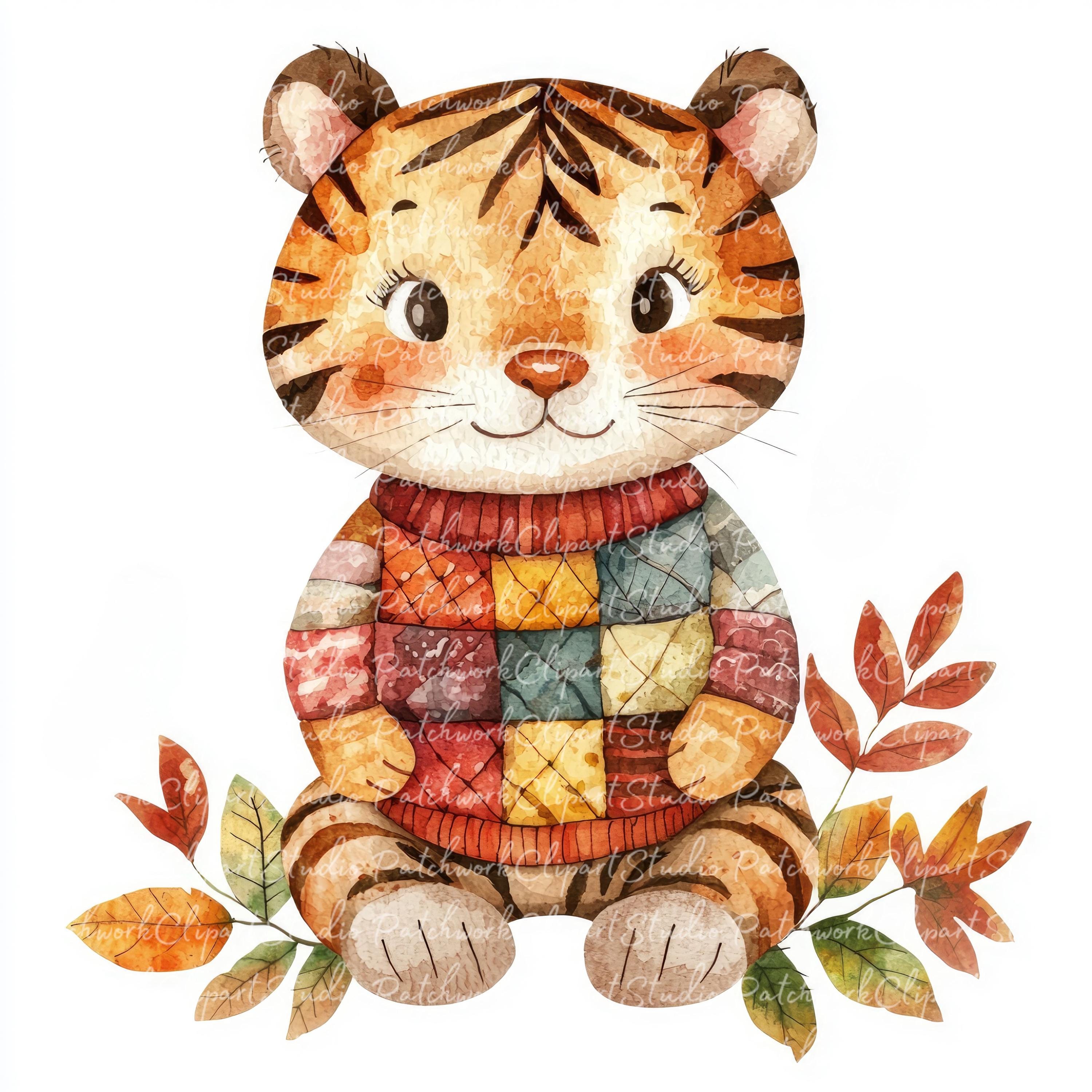 10 Autumn Tiger Clipart Bundle, PNG & JPG, Printable Patchwork, Tiger ...