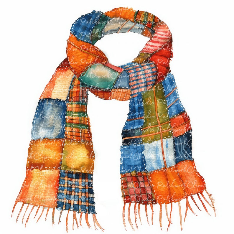 10 Scarf Clipart Bundle, Printable Patchwork Scarves, Quilted Fabric Illustrations, Digital ...