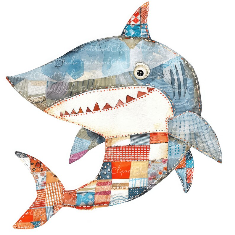 10 Sharks Clipart Bundle, Printable Patchwork Shark, Quilted Fabric ...