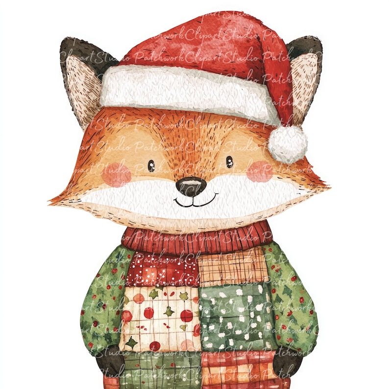 10 Christmas Fox Clipart Bundle, PNG & JPG, Printable Patchwork, XMAS ...