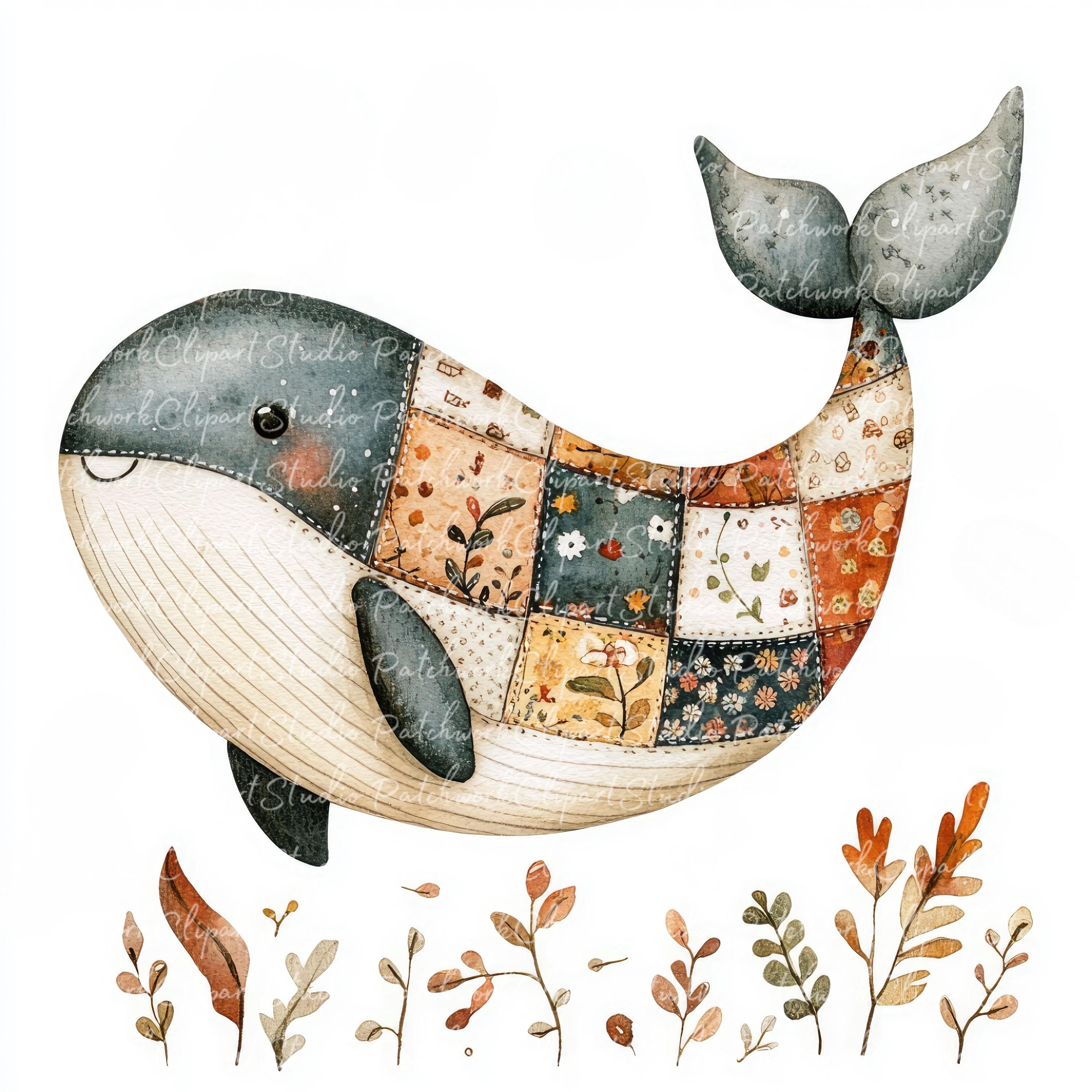 10 Autumn Whale Clipart Bundle, PNG & JPG, Printable Patchwork, Sea ...