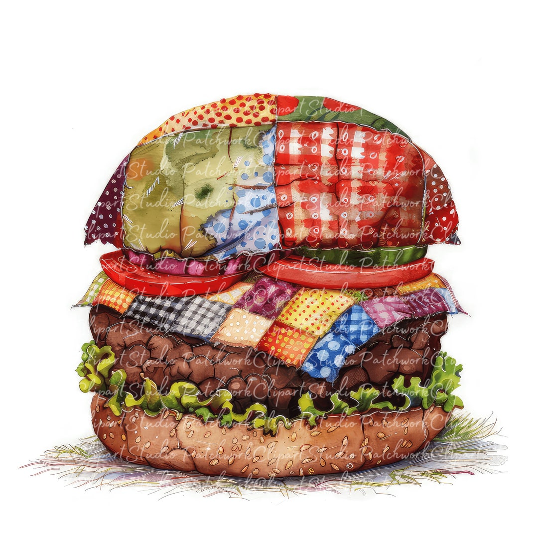 10 Hamburgers Clipart Bundle, PNG & JPG, Printable Patchwork Burger ...