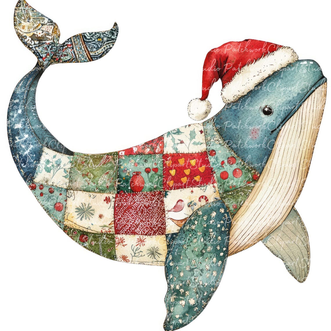 10 Christmas Whale Clipart Bundle, PNG & JPG, Printable Patchwork, XMAS ...