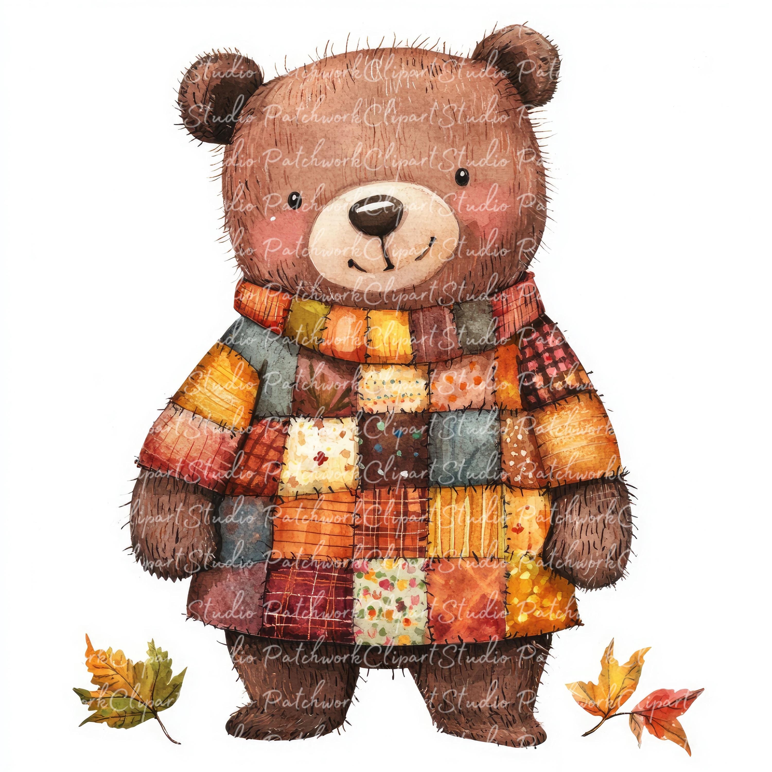 10 Autumn Bear Clipart Bundle, PNG & JPG, Printable Patchwork, Bear in ...