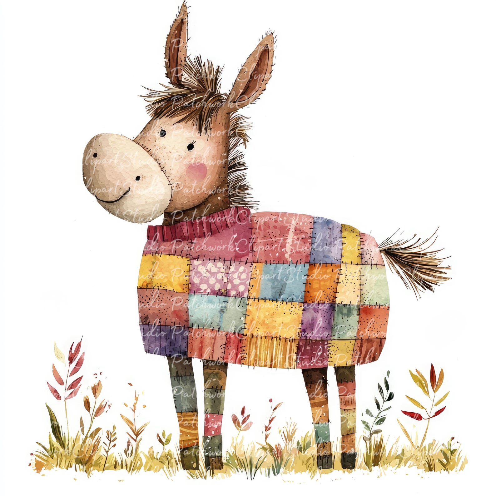 10 Autumn Donkey Clipart Bundle, PNG & JPG, Printable Patchwork, Donkey in Fall Illustration ...