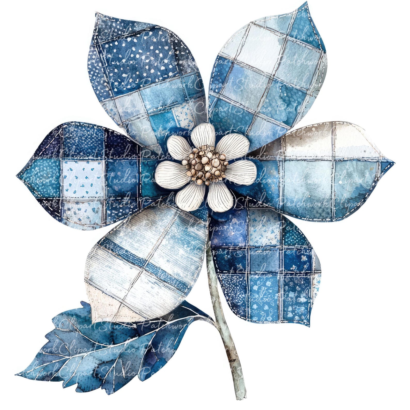 10 Winter Flower Clipart Bundle, PNG & JPG, Printable Patchwork Blue ...