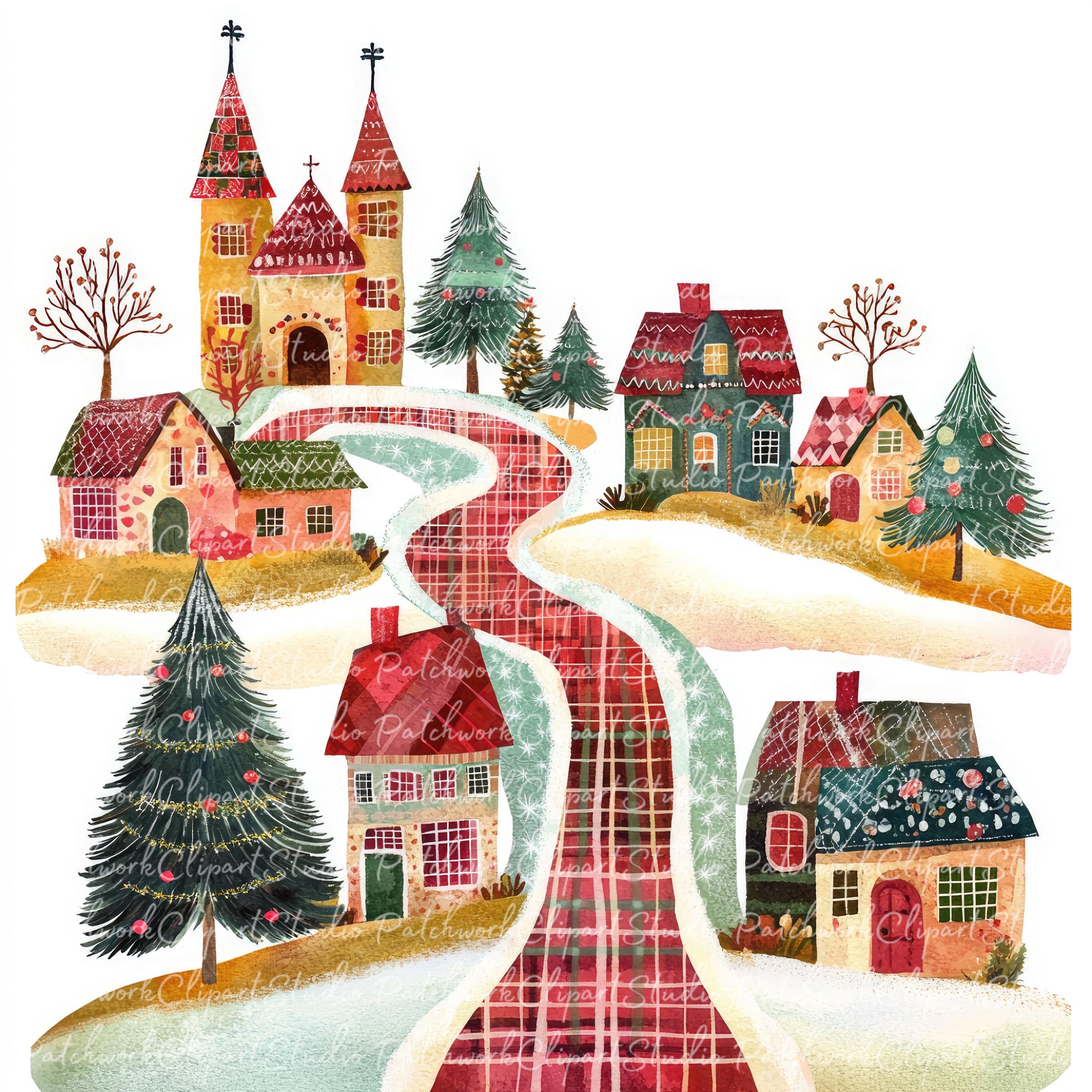 10 Christmas Village Clipart Bundle, PNG & JPG, Printable Patchwork ...