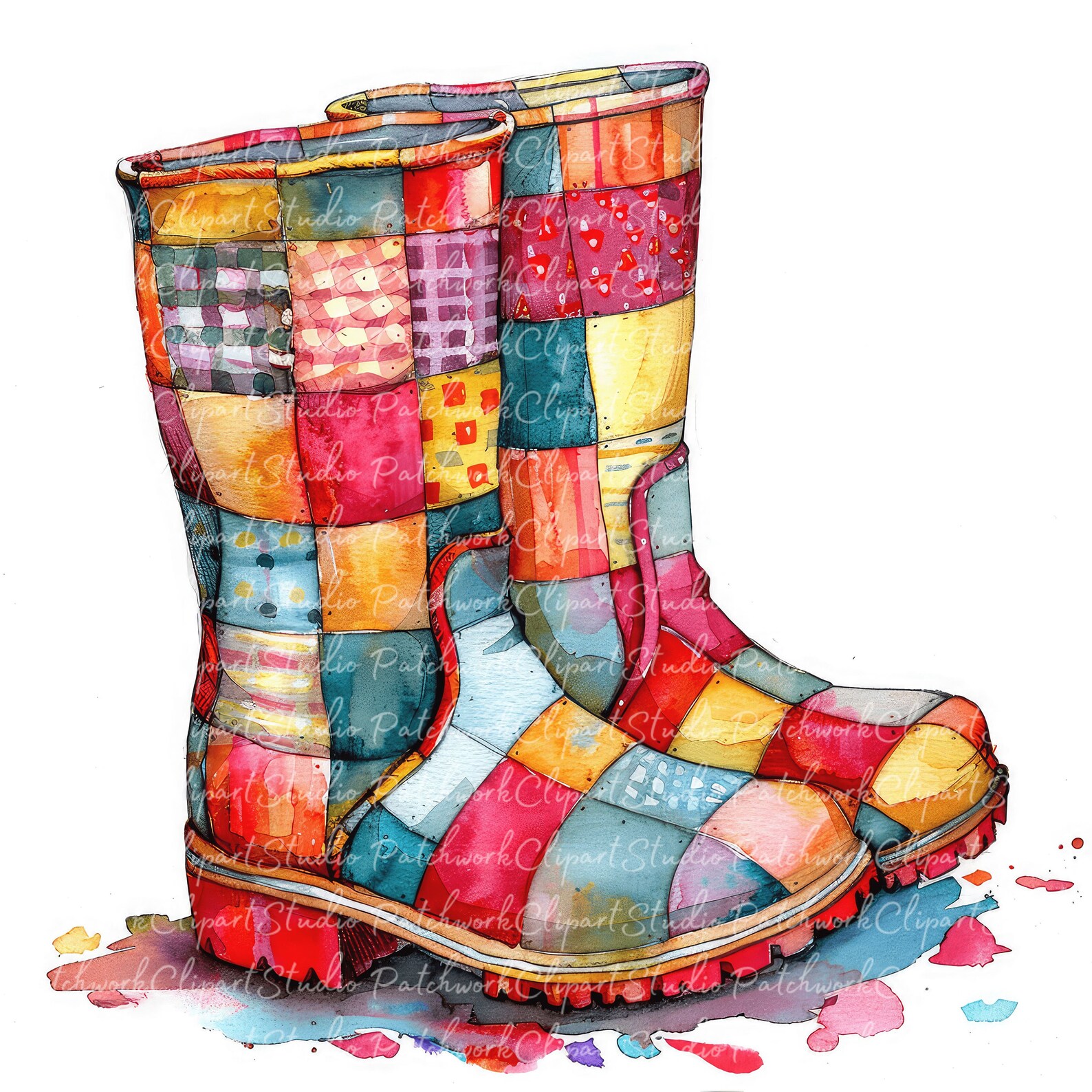 10 Rainboots Clipart Bundle, PNG & JPG, Printable Patchwork Rain Boots ...