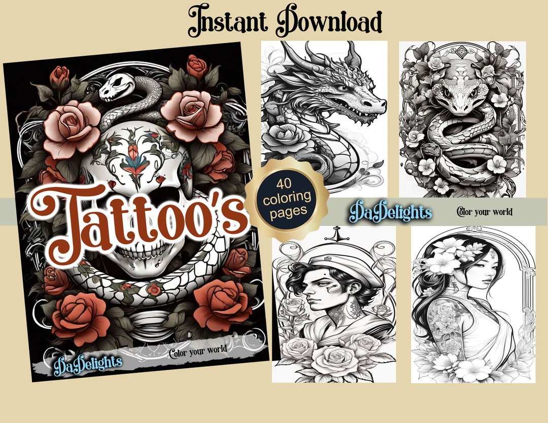 Tattoos - 40 Coloring Book Pages - Edit, Print, Save From Canva ...