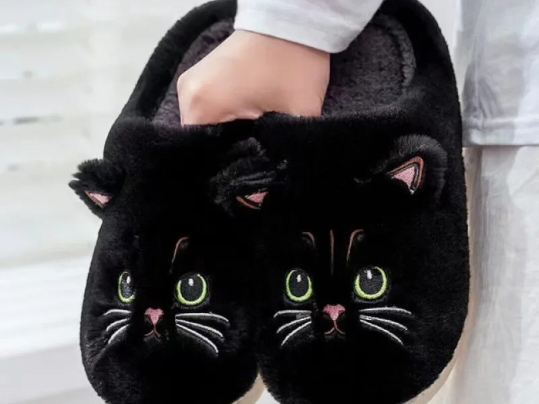 Winter Plush Cartoon Cat Slippers Women's Fluffy Furry Platform Slides ...