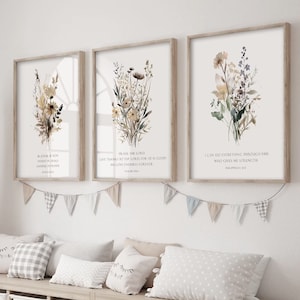 Christian Floral Set of 3, Botanical Scripture Print, Beige Christian ...