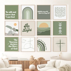 Christian Green Wall Art Set of 12, Square Art, Boho Gallery Wall, Sage ...