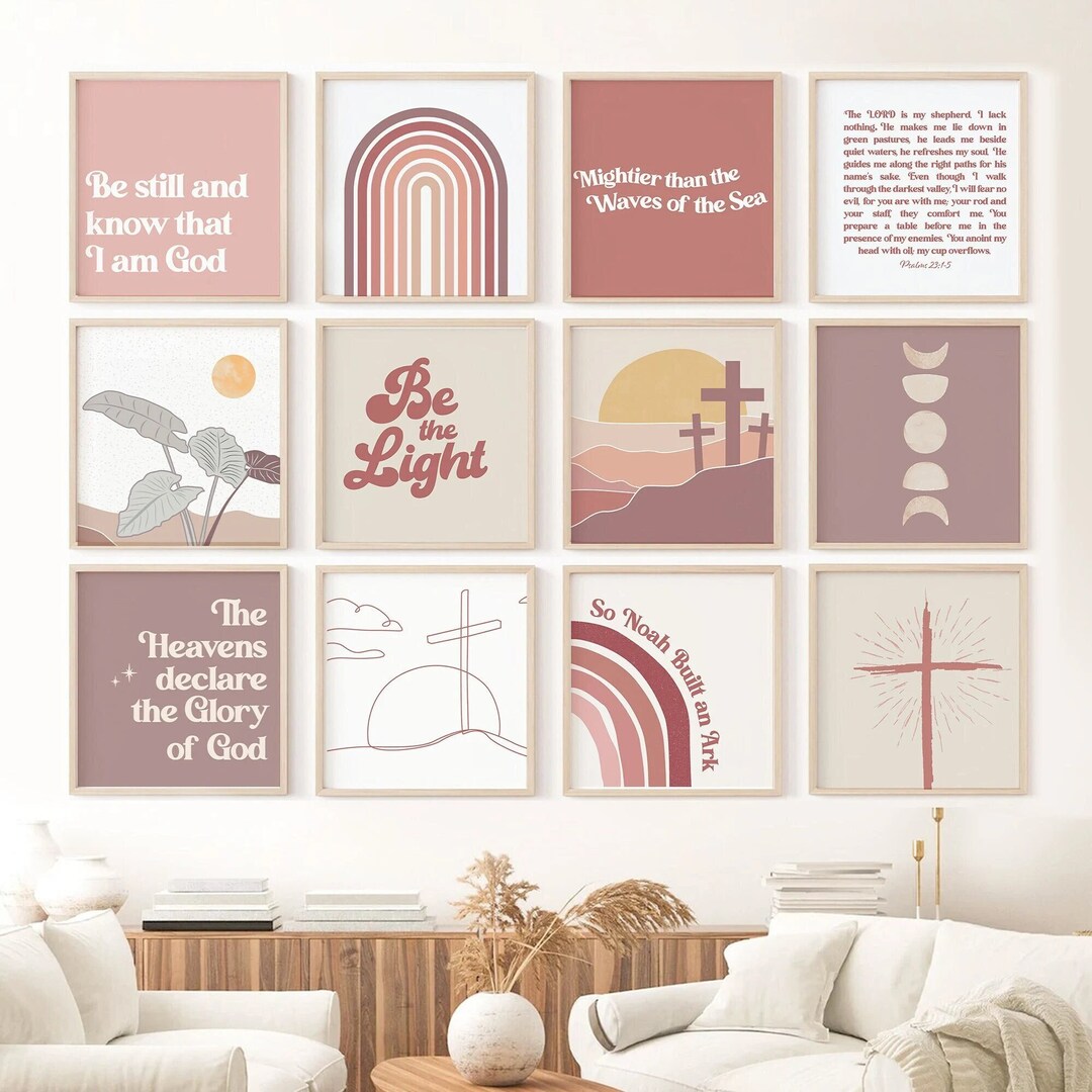 Christian Pink Wall Art Set of 12, Square Art, Pink Gallery Wall, Pink ...