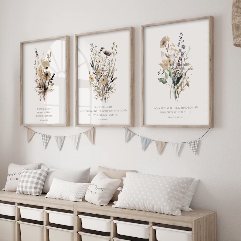 Christian Floral Set of 3, Botanical Scripture Print, Beige Christian ...