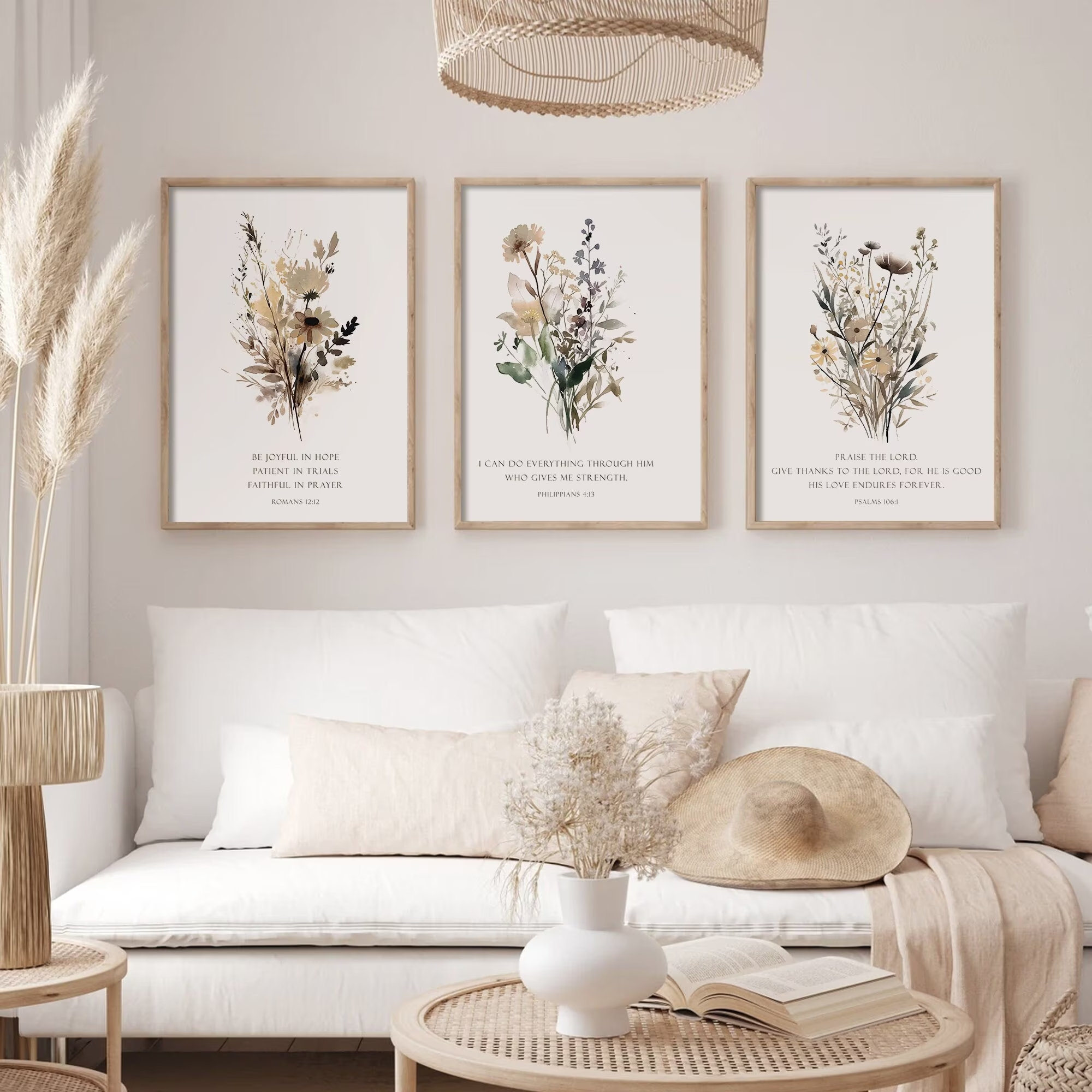 Christian Floral Set of 3, Botanical Scripture Print, Beige Christian ...