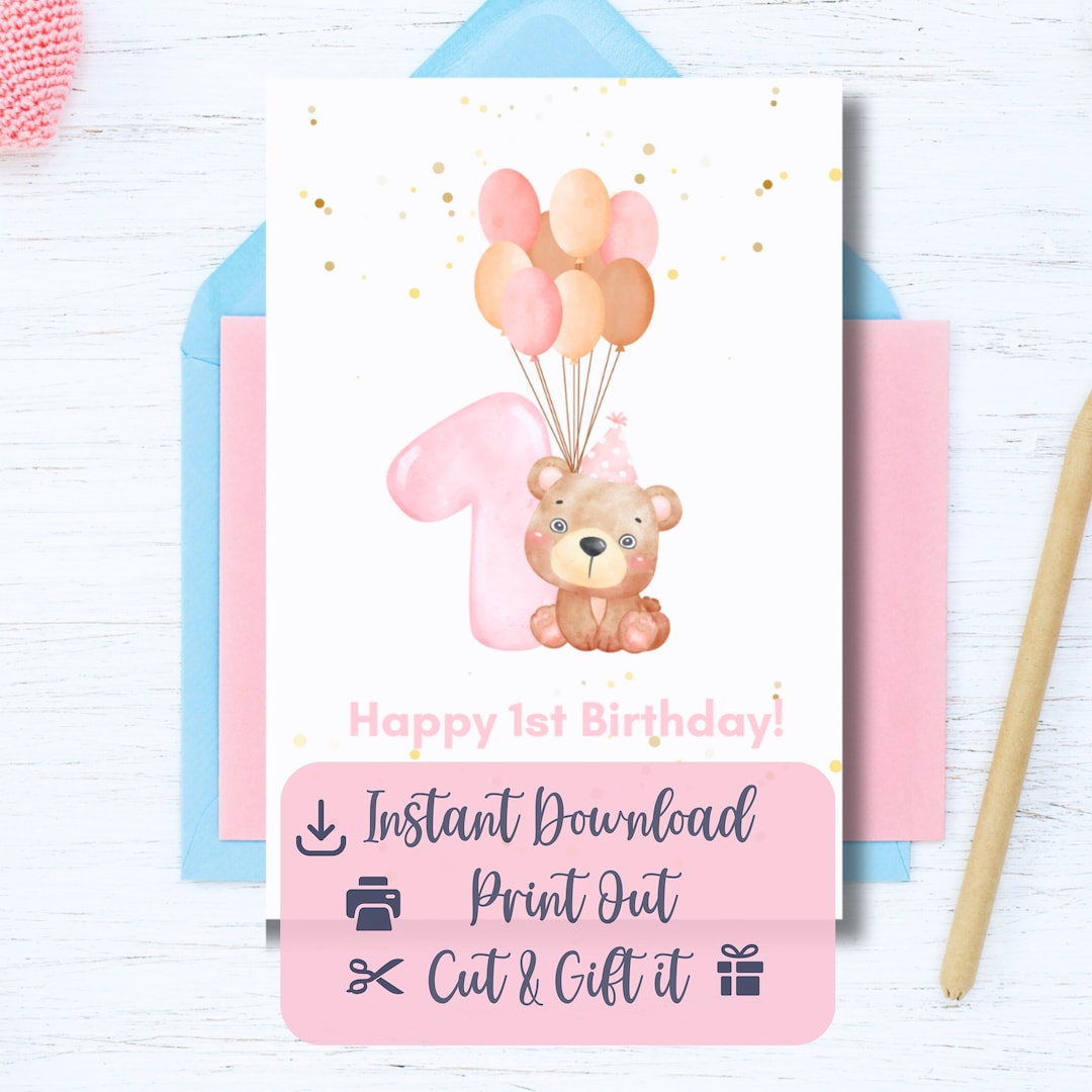 1st Birthday Card Gift for Girl Pink First Birthday Card Printable ...