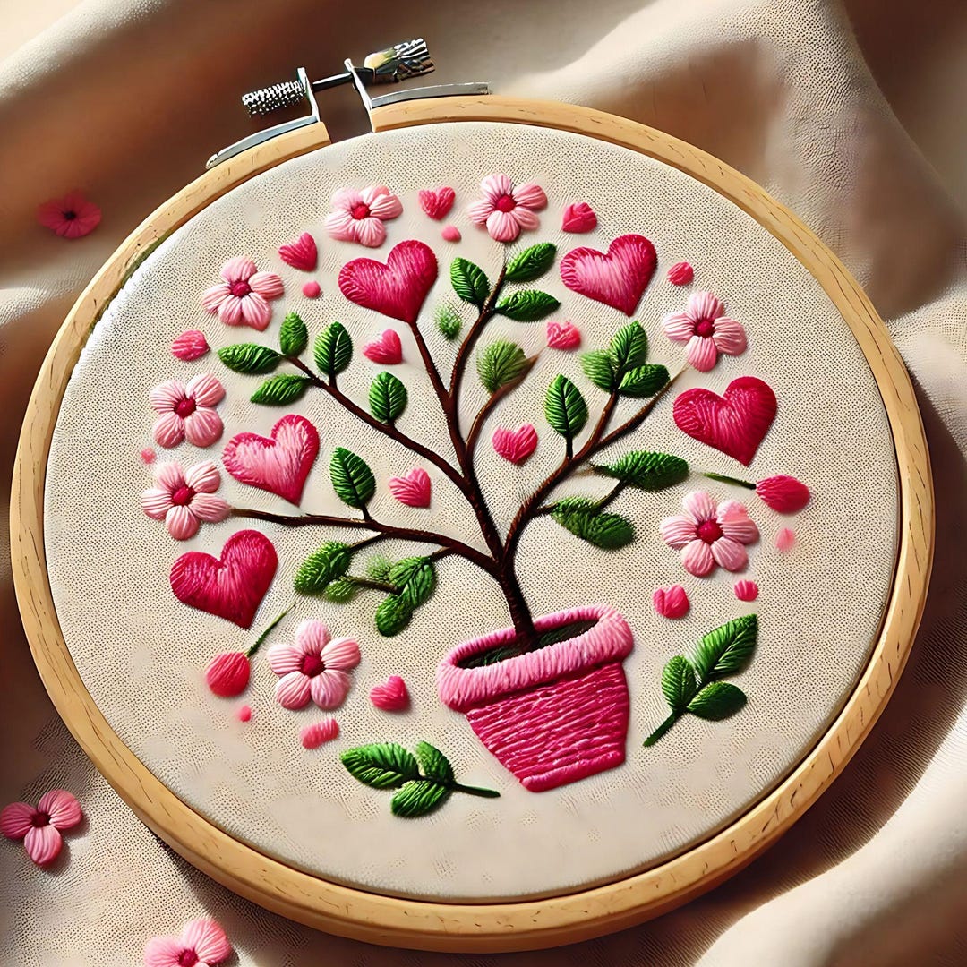 Charming Heart Blossom Embroidery Pattern Pdf, Delicate Tree With Pink ...