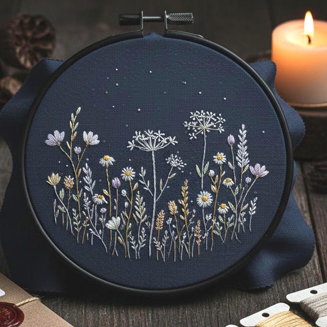 Midnight Wildflower Hand Embroidery Pattern | Minimal Floral Hoop Art ...