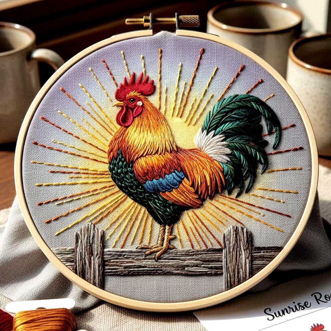 Sunrise Rooster Embroidery Pattern | Farmhouse Chicken Hand Embroidery ...