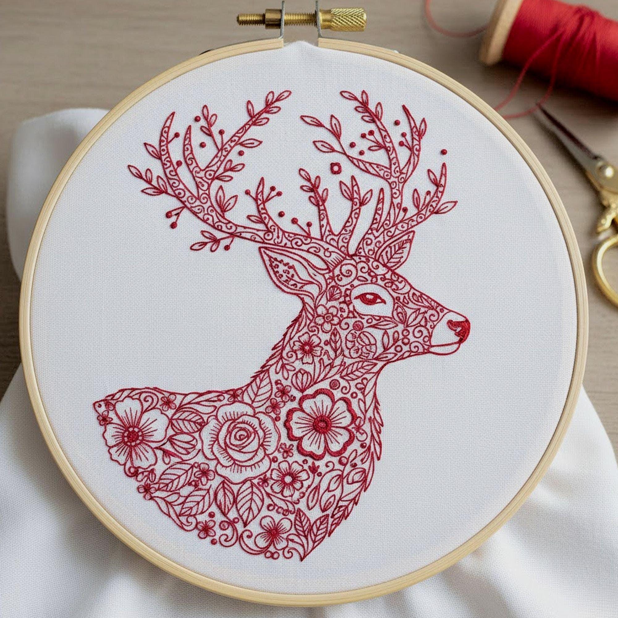 Floral Deer Embroidery Pattern – Elegant Woodland Hand Embroidery ...