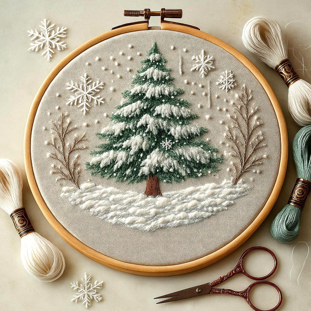Snowy Pine Tree Hand Embroidery Pattern – Winter Hoop Art (PDF Pattern ...