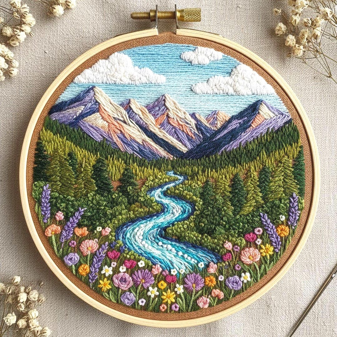 Mountain River Embroidery Pattern – Landscape Hand Embroidery PDF ...