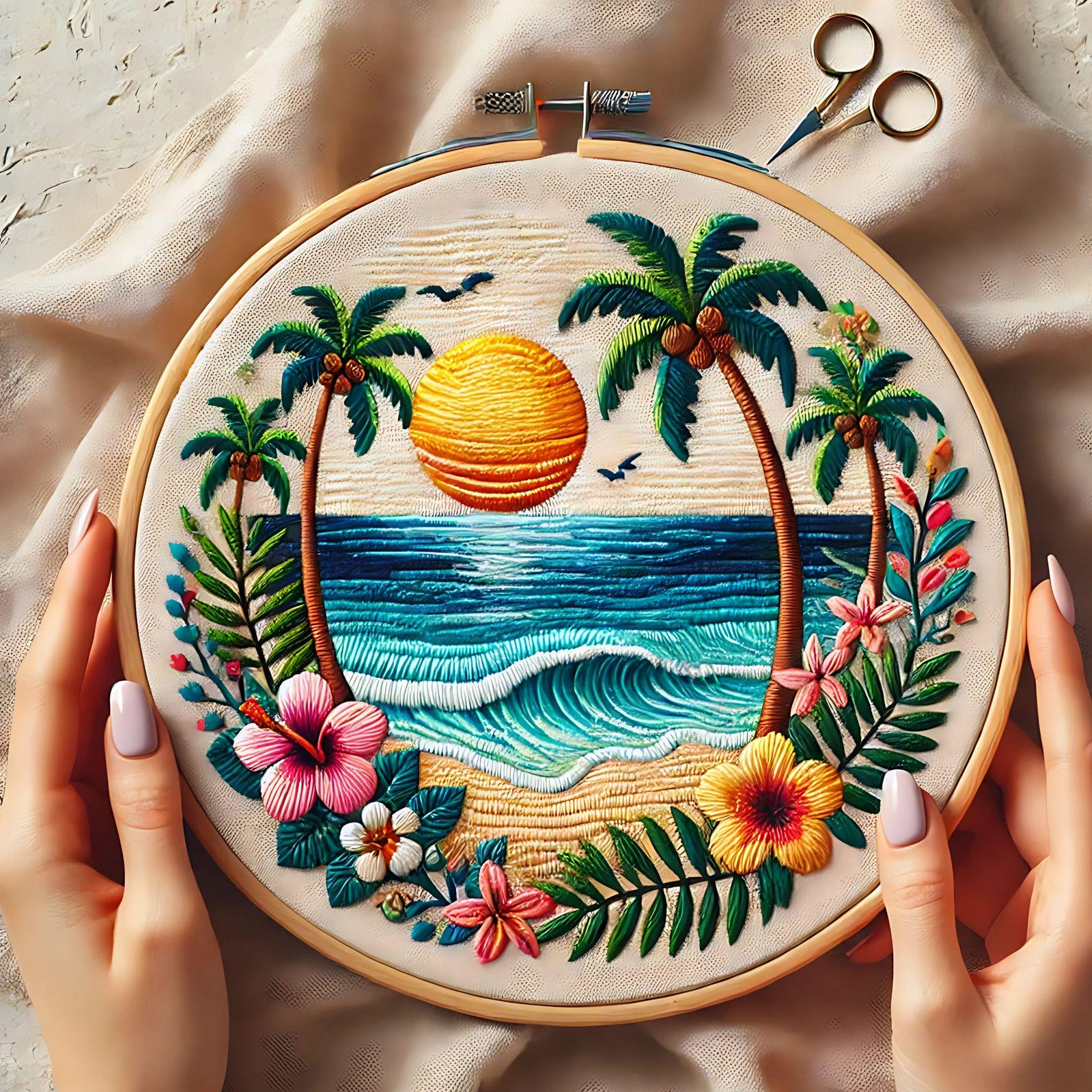 Tropical Paradise Embroidery Design: Palm Trees, Ocean Waves, and ...