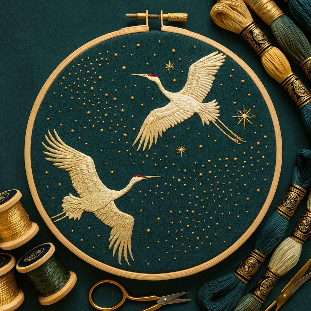 Japanese Crane Embroidery Pattern • Night Sky PDF • Modern Hand ...