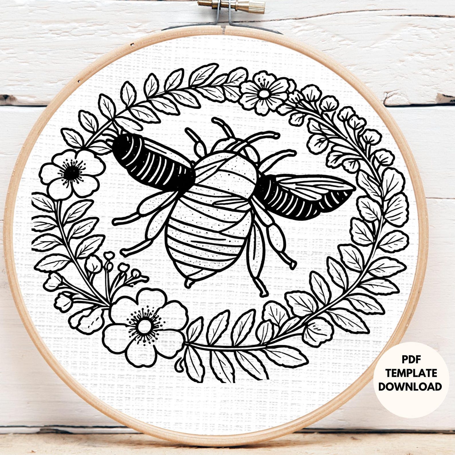 Vibrant Bee Embroidery Pattern Pdf With Floral Wreath, Bumble Bee ...