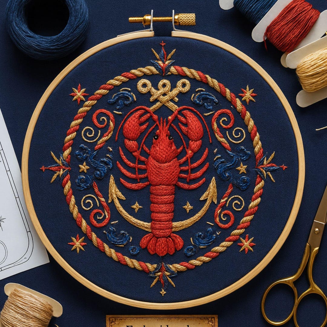 Nautical Lobster Embroidery Pattern • Modern Coastal Design (PDF ...
