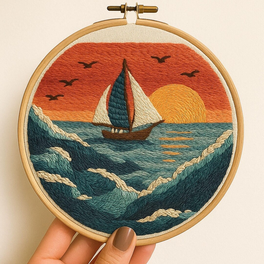 Ocean Sunset Sailboat Embroidery , Nautical Hand-stitched Art With ...