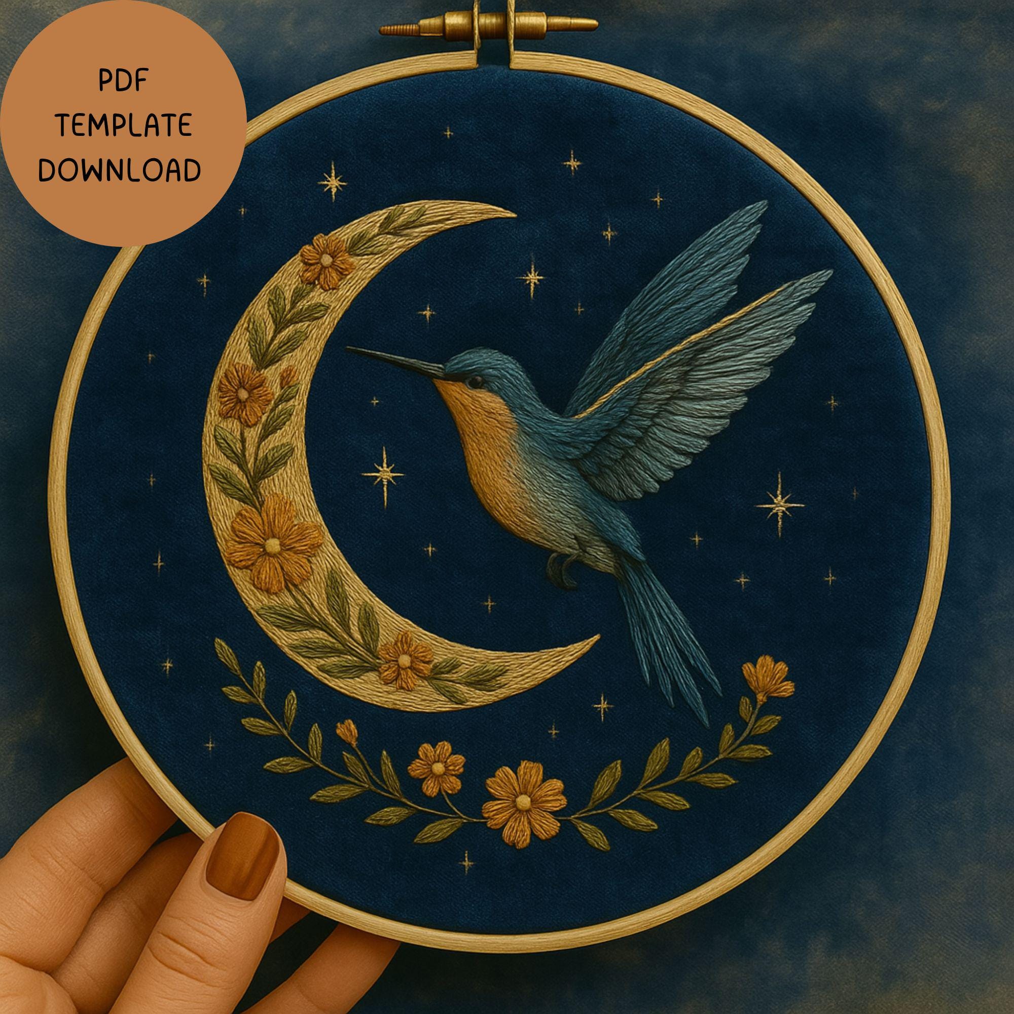 Hummingbird & Moon Hand Embroidery Pattern: Celestial Night Sky Hoop ...